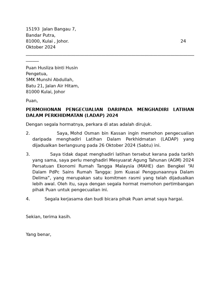 Surat Makluman Ketidakhadiran LADAP 2024 | PDF