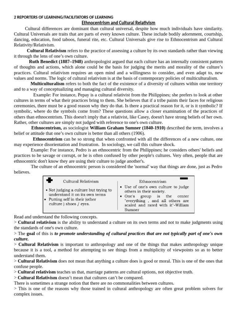 Ethnocentrism and Cultural Relativism LECTURE NOTE | PDF | Relativism ...