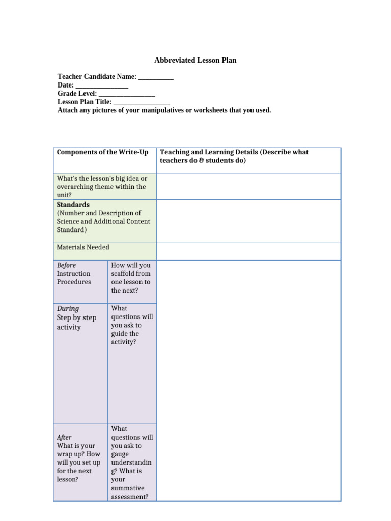 F2024 Abbreviated Lesson Plan | PDF