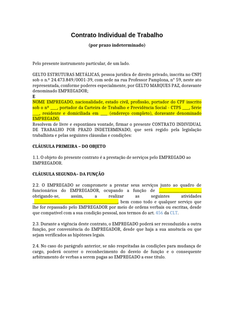 Modelo Contrato de Trabalho | PDF | Hora extra | Expediente