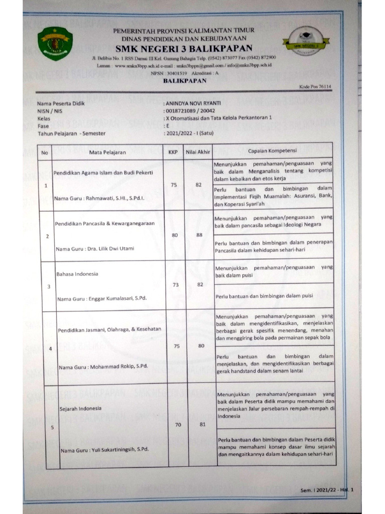 Rapot Semester 1 | PDF