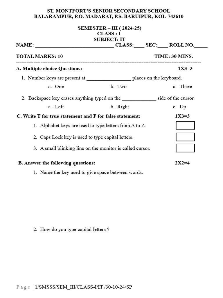 Class Test Class 1 | PDF | Teaching Methods & Materials