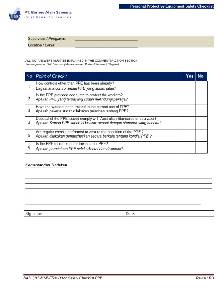 BAS - QHS-HSE-FRM-0022 Safety Checklist PPE | PDF | Business | Finance ...