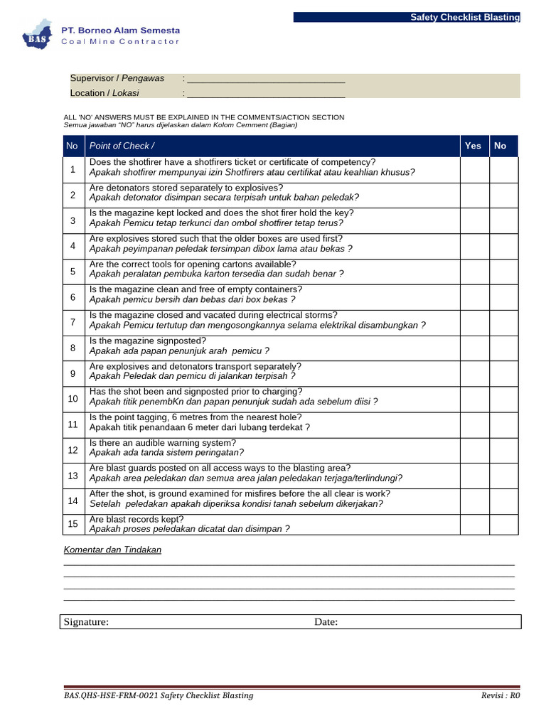 BAS - QHS-HSE-FRM-0021 Safety Checklist Blasting | PDF
