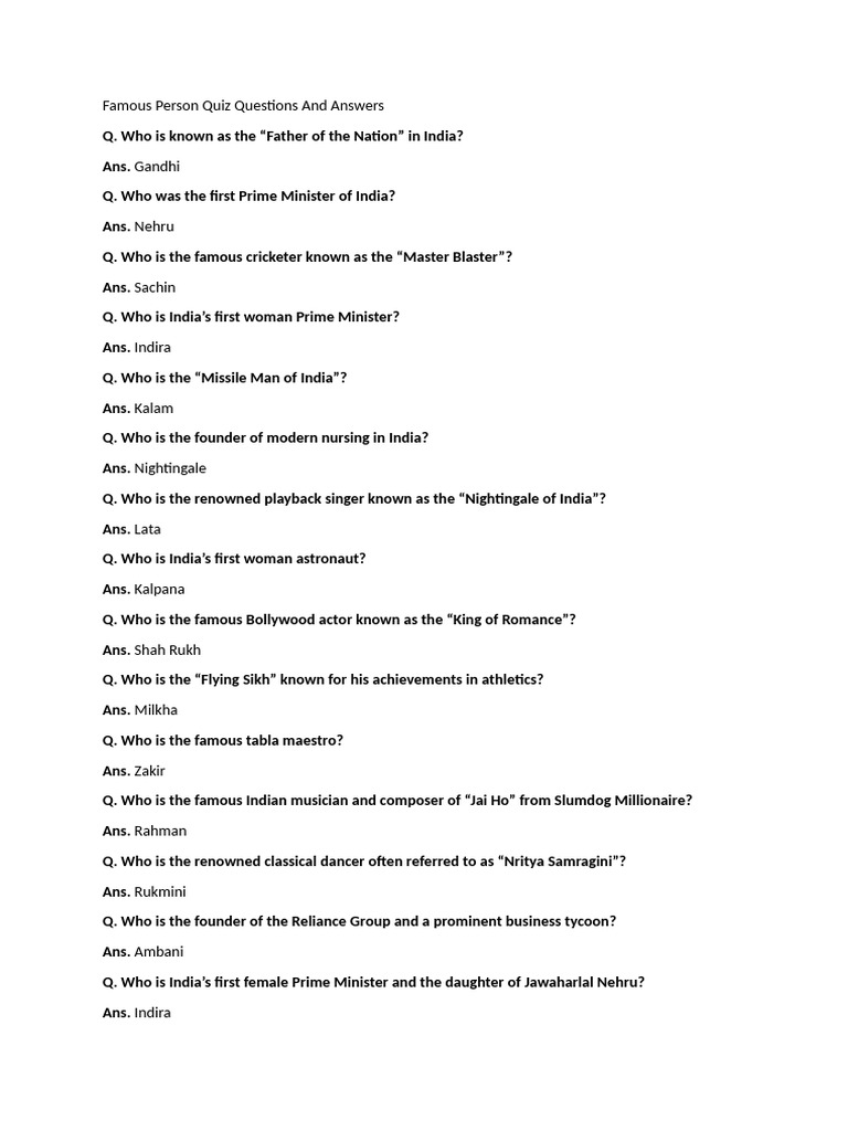 Famous Personalities Quiz and Answers | PDF | Sports