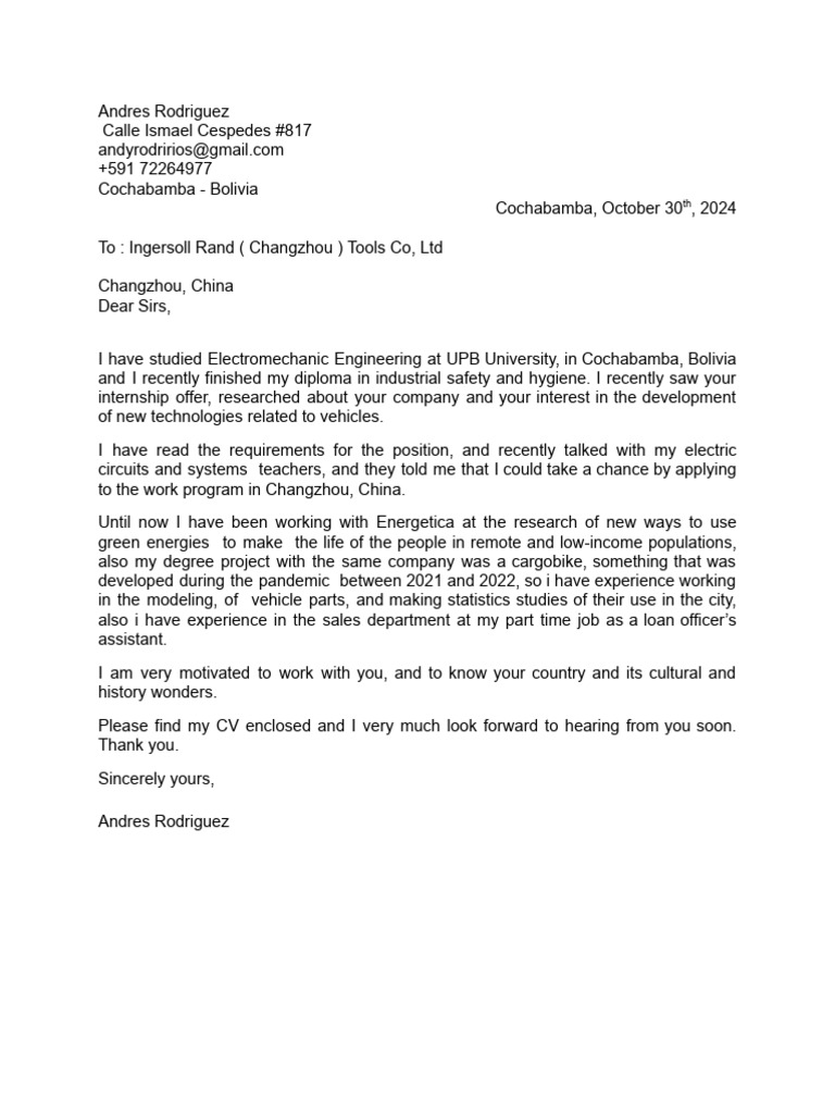 China Cover Letter Andres Rodriguez | PDF