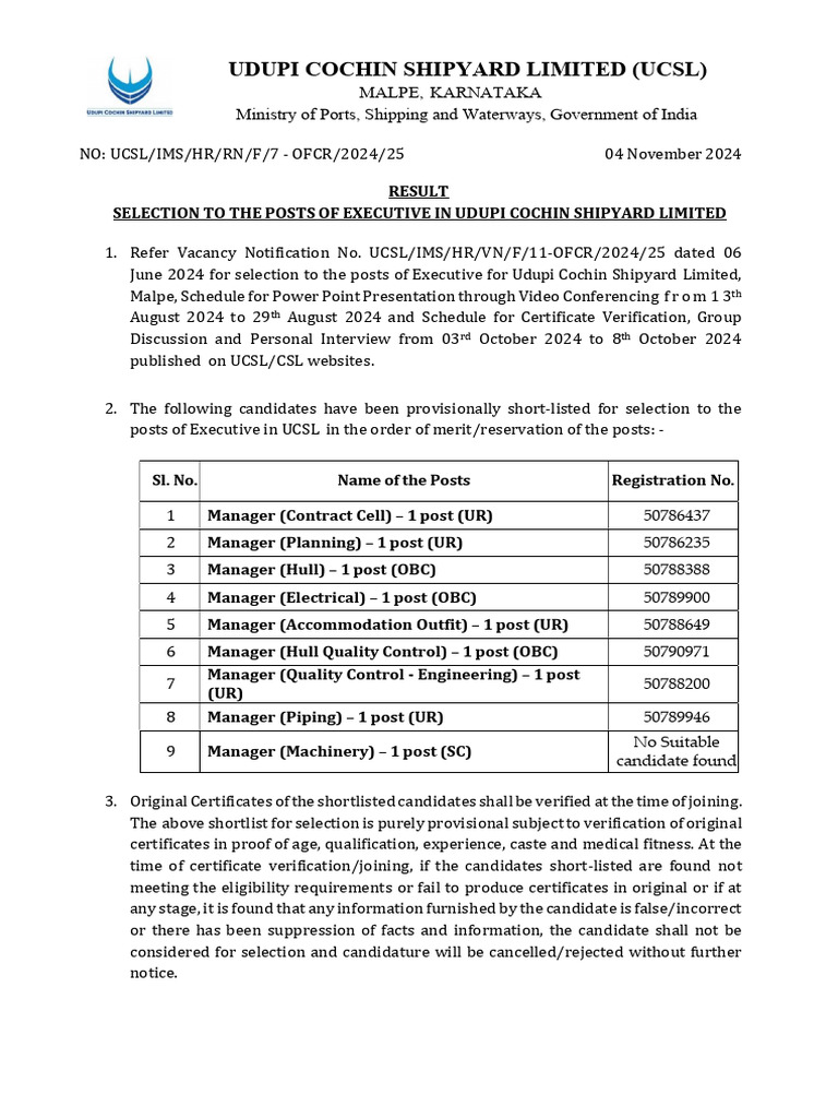 Udupi Cochin Shipyard Limited (Ucsl) : Malpe, Karnataka Ministry of ...