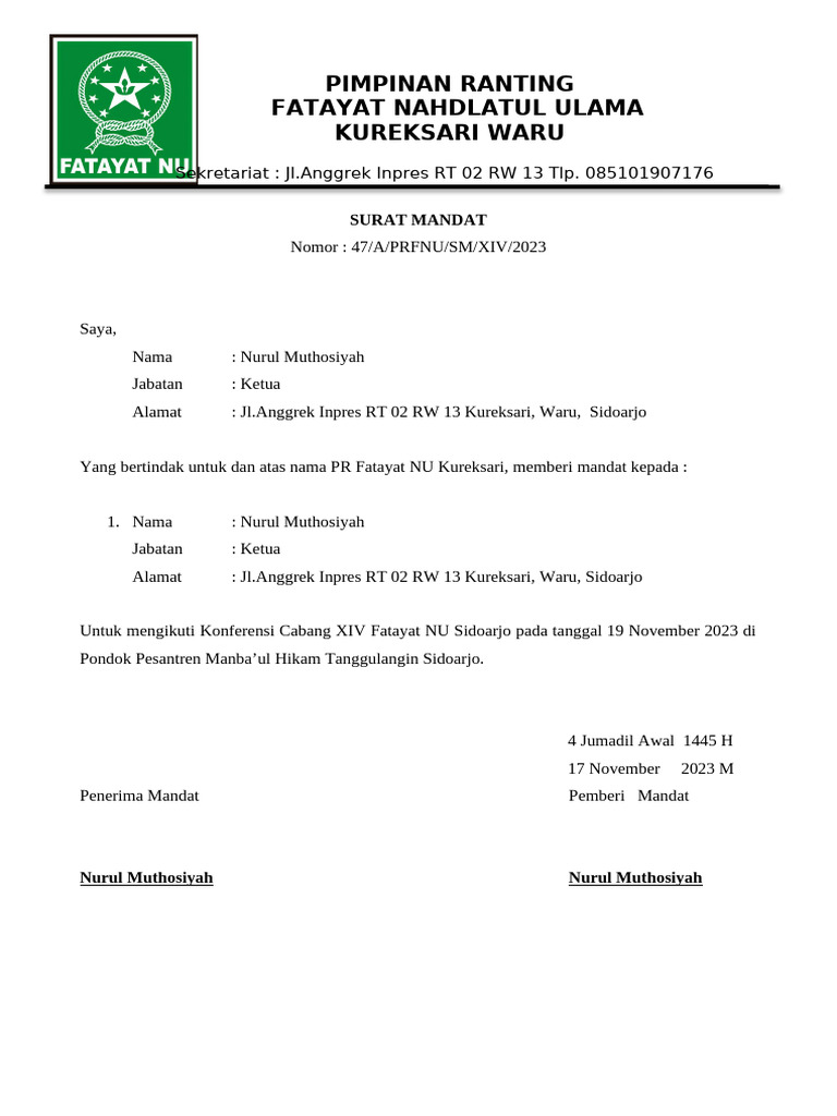 Surat Mandat Konferensi Fatayat NU | PDF