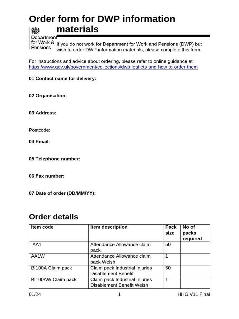 Order Form for Dwp Information Materials 3 | PDF | Social Security ...