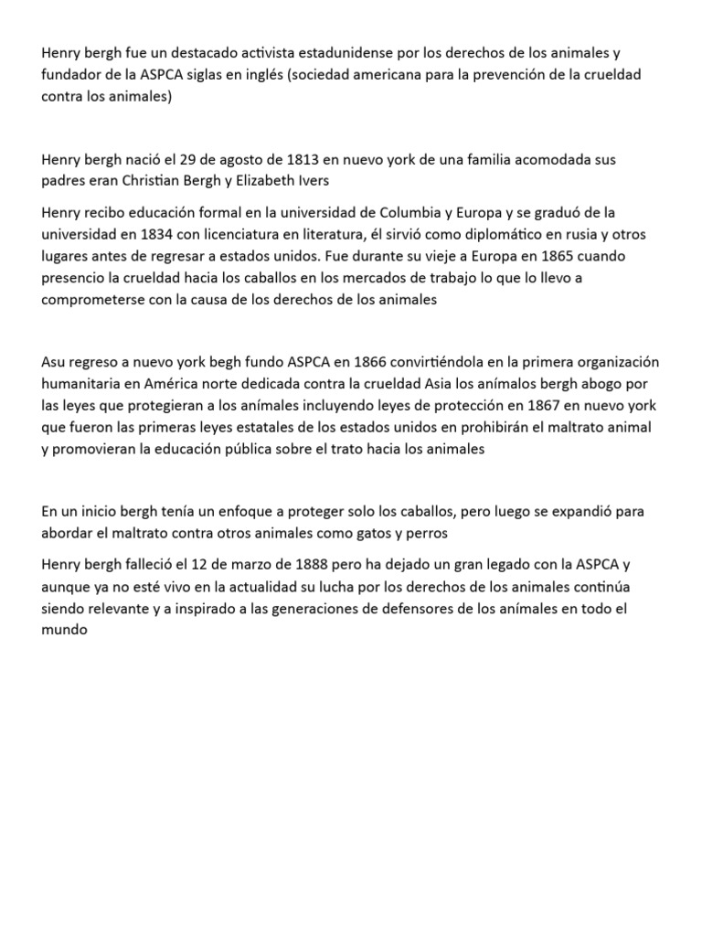 Henry Bergh: Pionero en Derechos Animales | PDF
