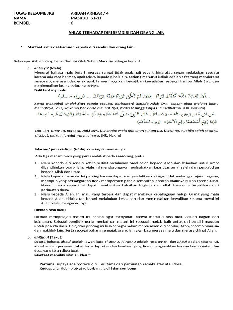 Tugas Reesume KB 4 Modul Akidah Akhlak | PDF