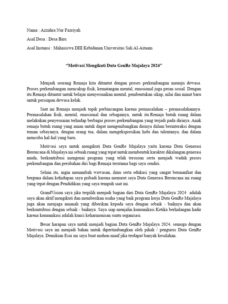 Esai Duta GenRe Majalaya 2024 - Azzahra Nur Fazriyah | PDF