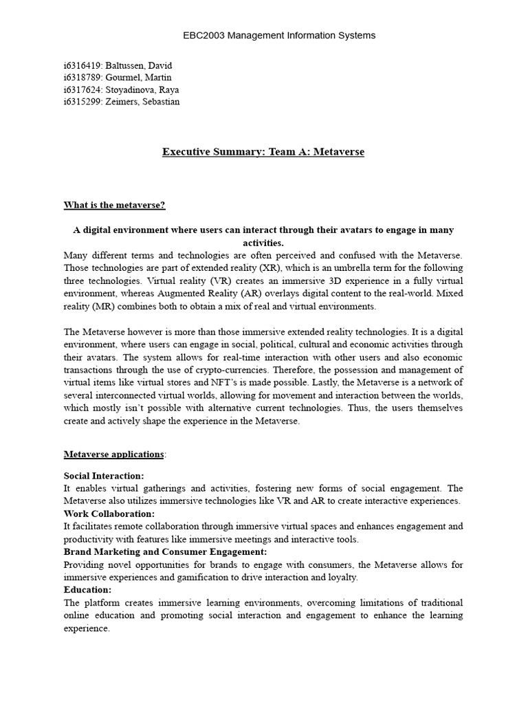 Metaverse ExecutiveSummary | PDF | Virtual Reality | Augmented Reality