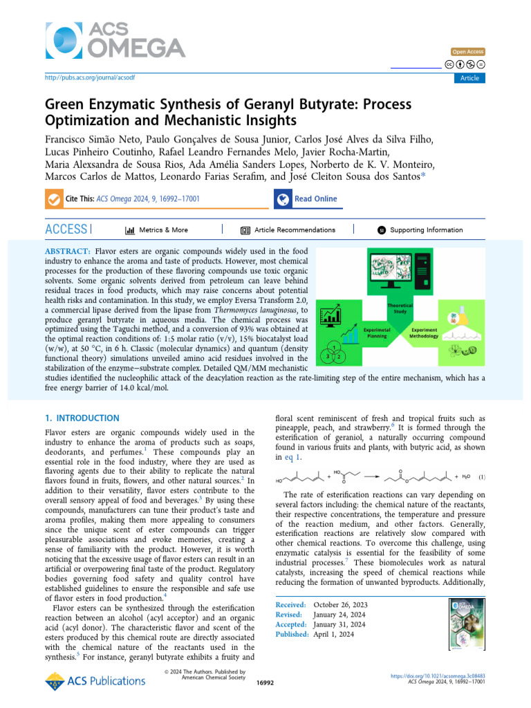 Simão Neto Et Al 2024 Green Enzymatic Synthesis of Geranyl Butyrate ...