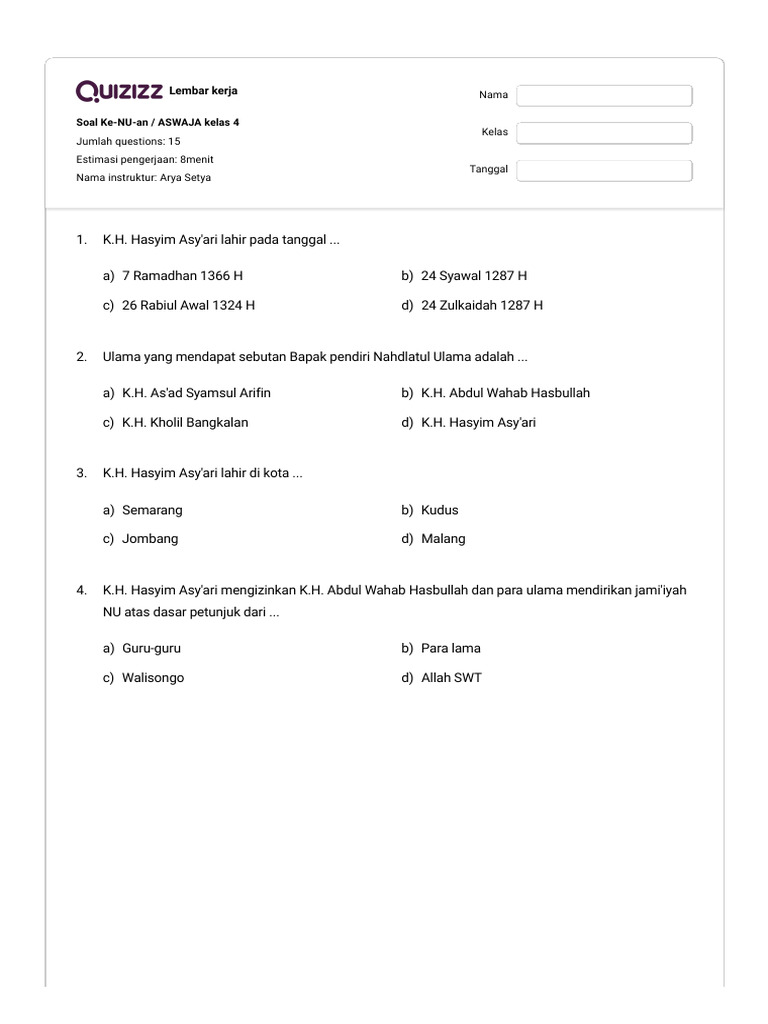 Soal Ke-NU-An - ASWAJA Kelas 4 - Quizizz | PDF
