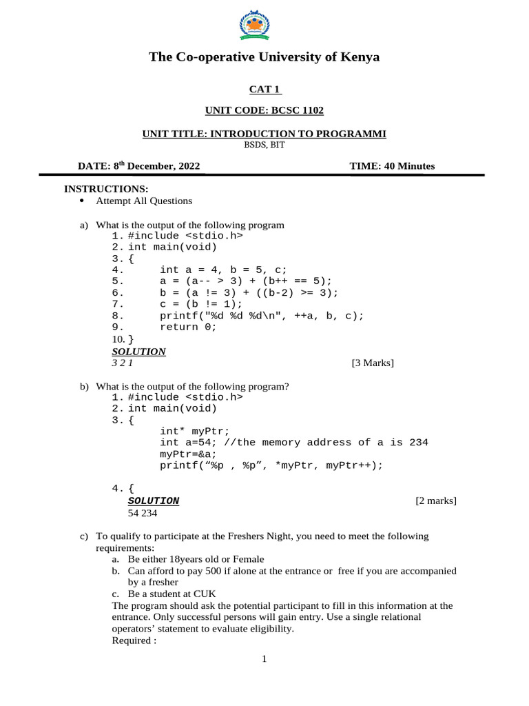 BCSE 1102 INTRODUCTION TO PROGRAMMING CAT2 G1 Marking Scheme | PDF | Computing | Computer ...