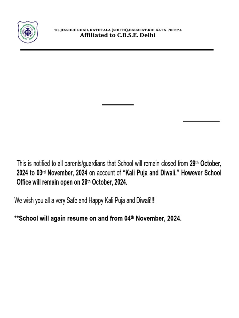 Kali Puja and Diwali 2024 Holiday Notice | PDF