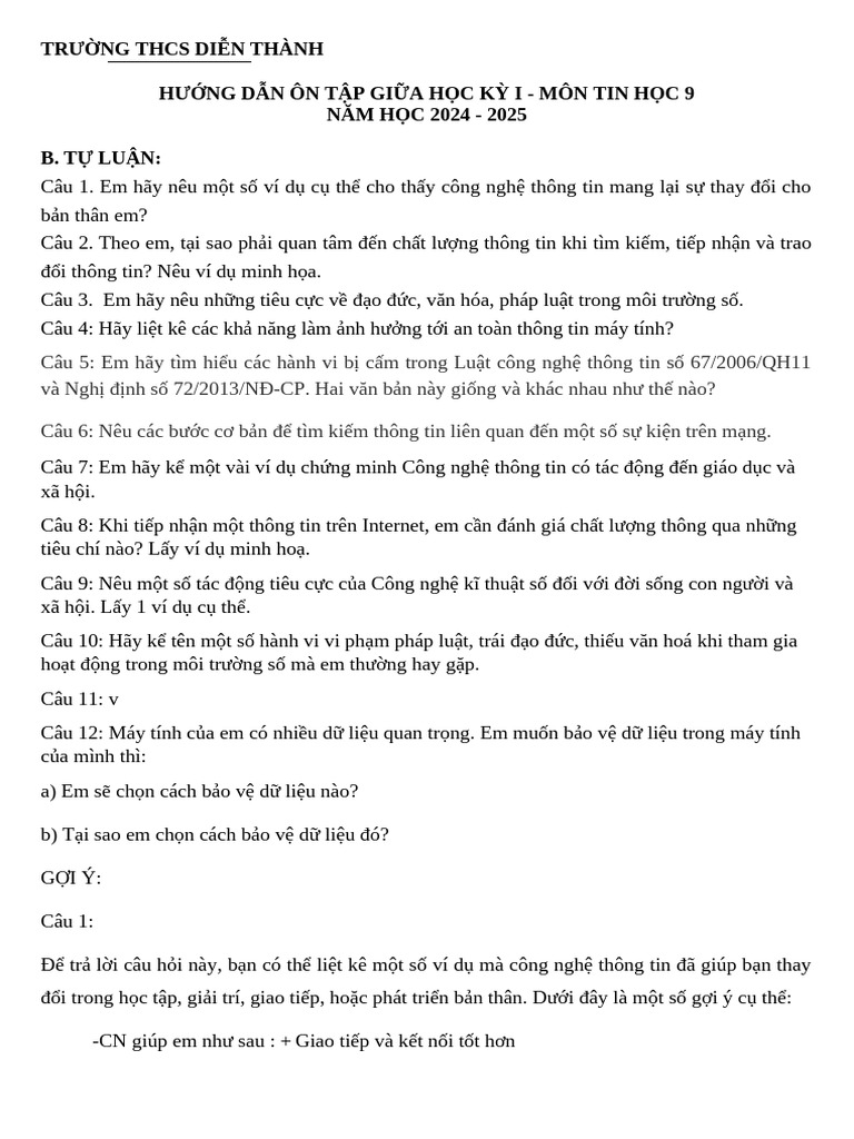 ĐỀ CƯƠNG ÔN TẬP GIỮA HK1 - Tin | PDF