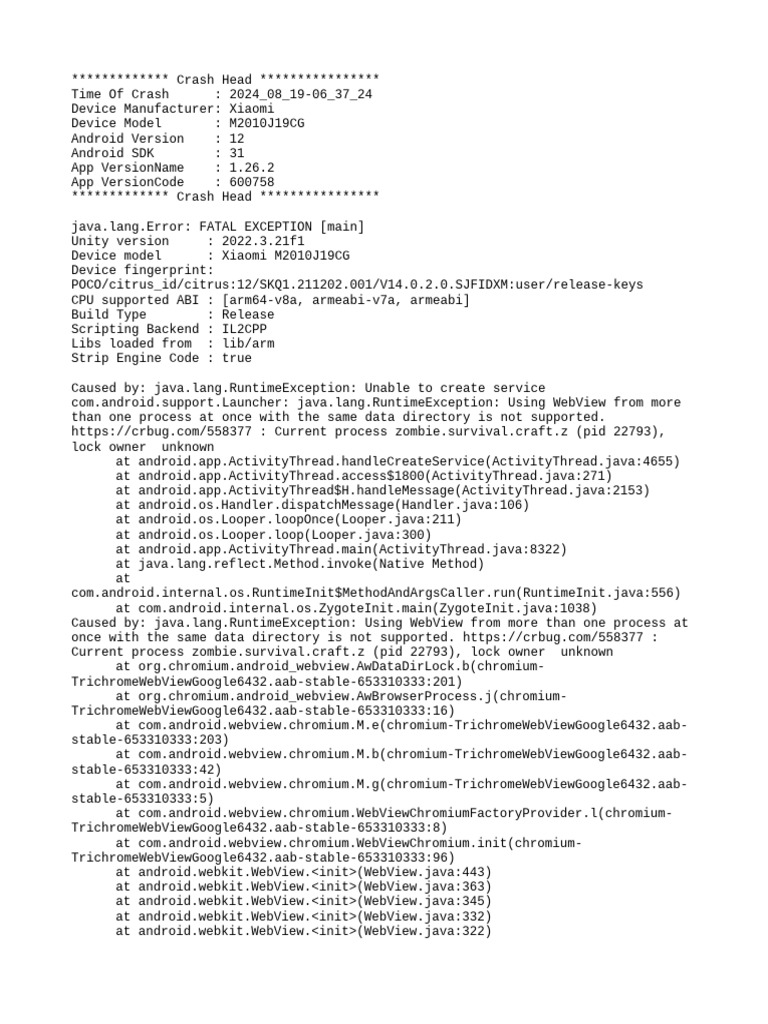Xiaomi Crash Report: WebView Issue | PDF | Android (Operating System) | Java (Programming Language)