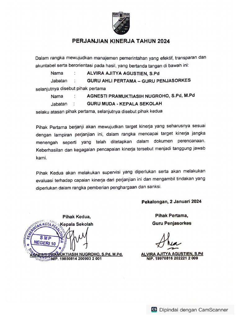 Perjanjian Kinerja Tahun 2024 - Alvira Ajitya Agustien | PDF