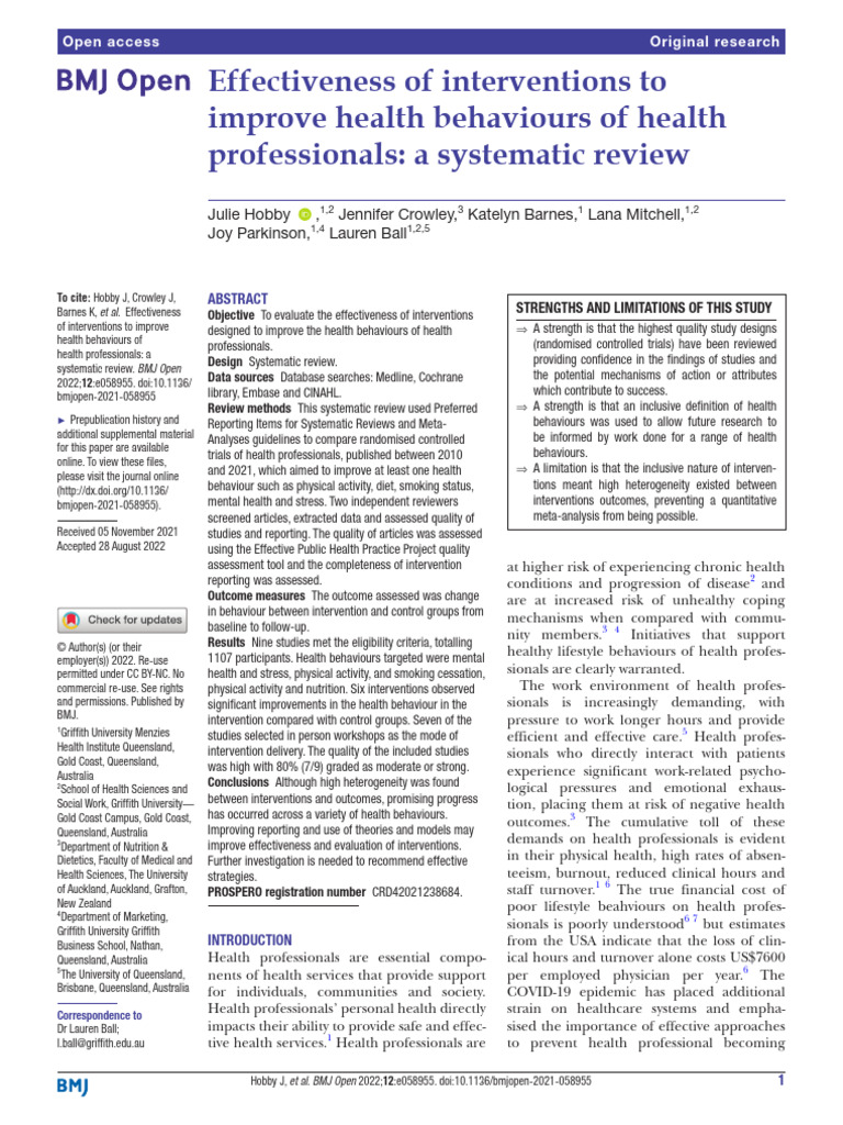 Effectiveness of interventions to improve health behaviours of health professionals a systematic ...