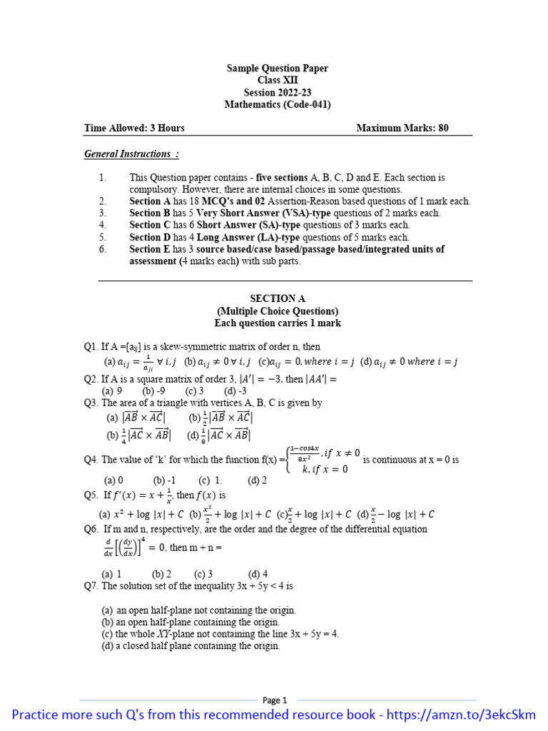 Class XII Mathematics Sample Paper 2022-23 | PDF | Algebra ...