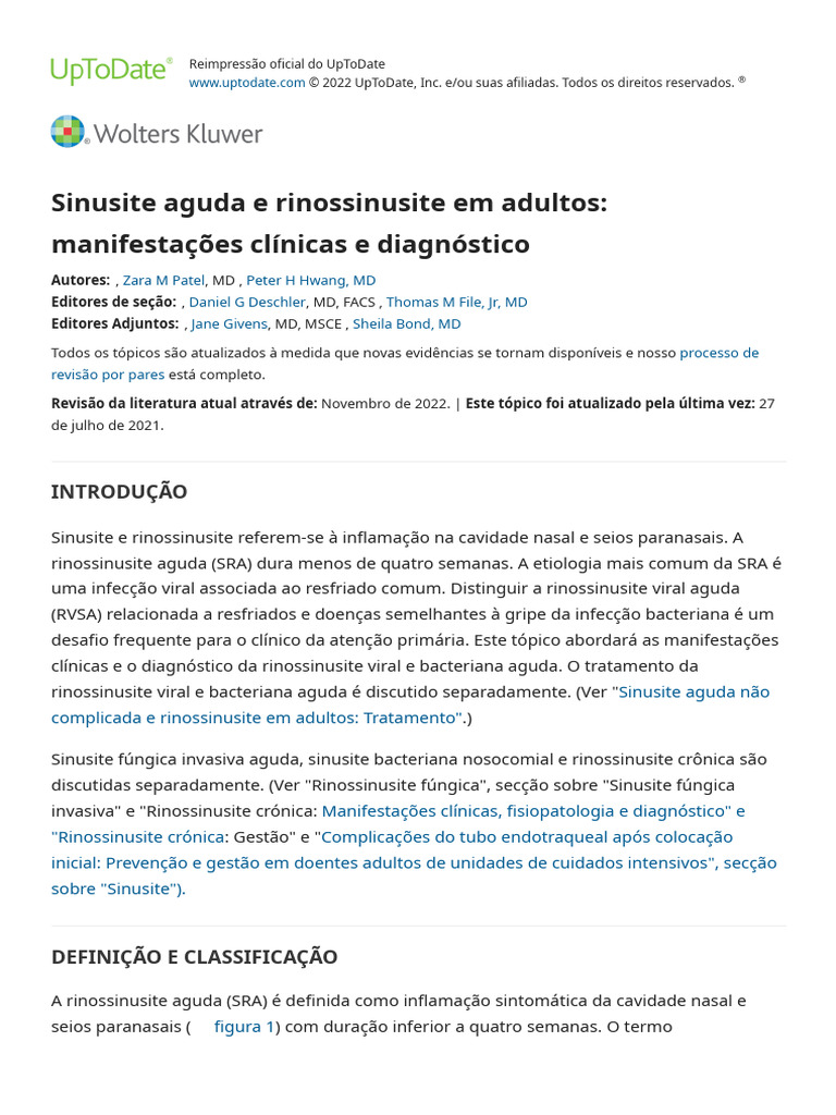 Sinusite Aguda e Rinossinusite em Adultos - Diagnóstico e Manifestações ...