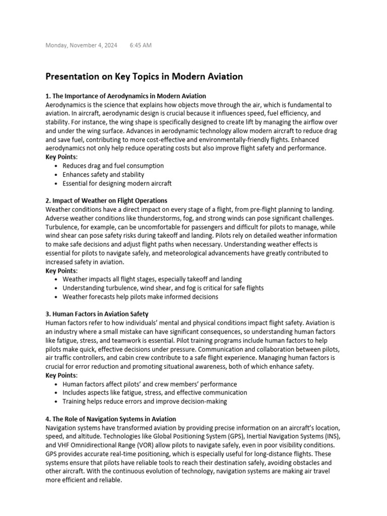 Presentation On Key Topics in Modern Aviation | PDF | Aviation Safety ...