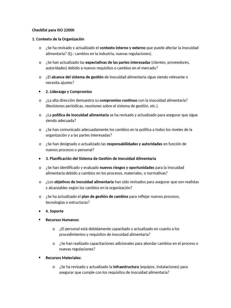 Checklist para ISO 22000 | PDF | Seguridad alimenticia | Análisis de ...