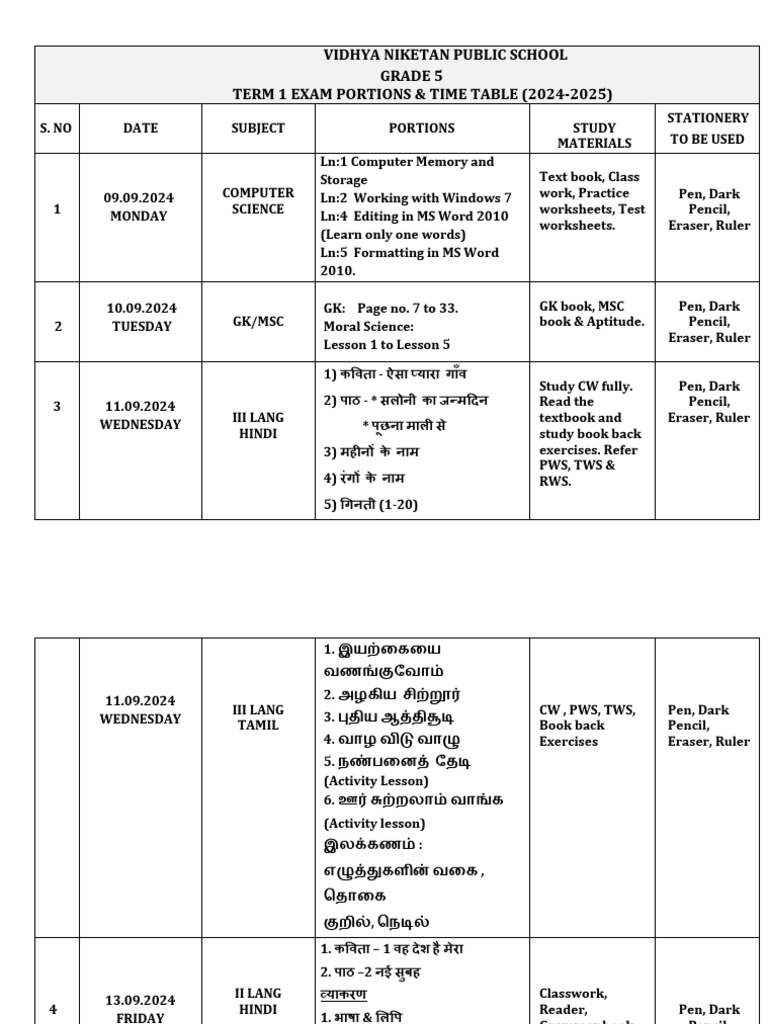 Vidhya Niketan Public School Grade 5 Term 1 Exam Portions & Time Table ...