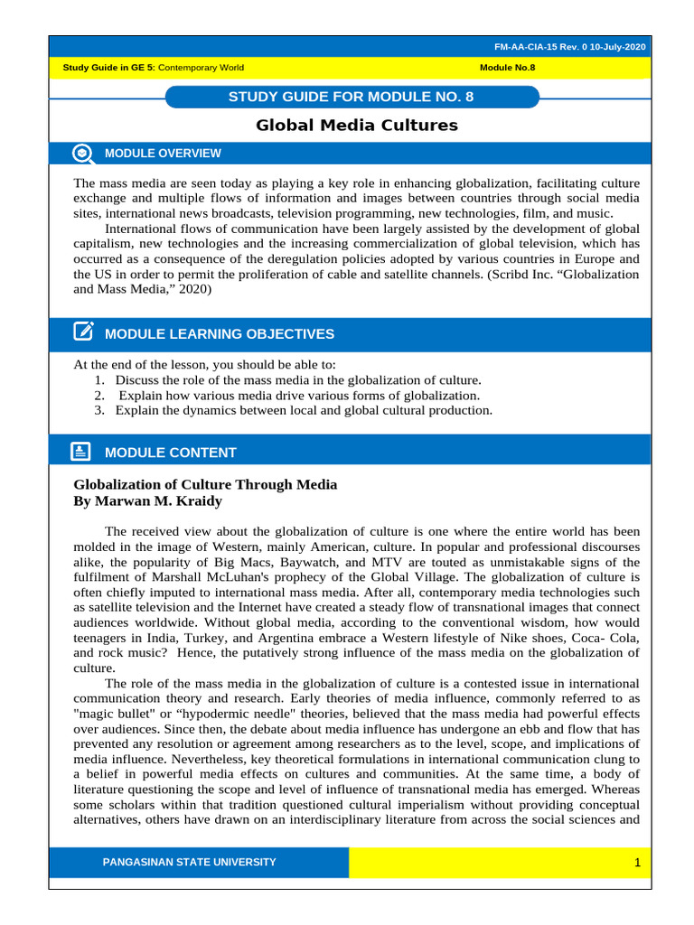 TCW Module 8 Global Media Cultures | PDF | Globalization | Cultural Globalization