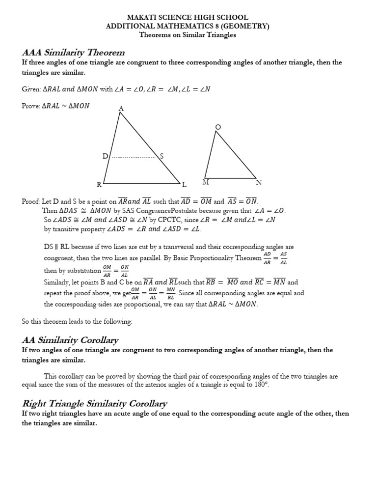 Handout 4.3 Theorems On Similar Triangles | PDF | Area | Triangle