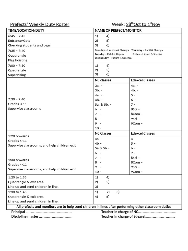 Prefects' duty roster format V5 | PDF