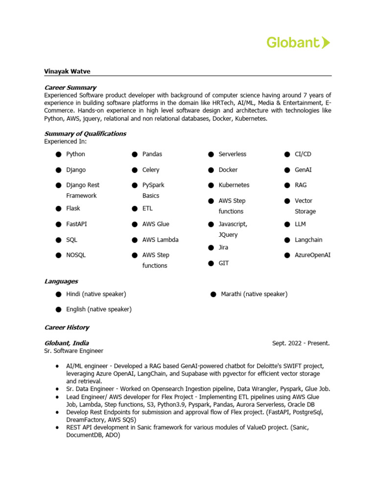 CV_Vinayak_Watve | PDF | Amazon Web Services | Computing