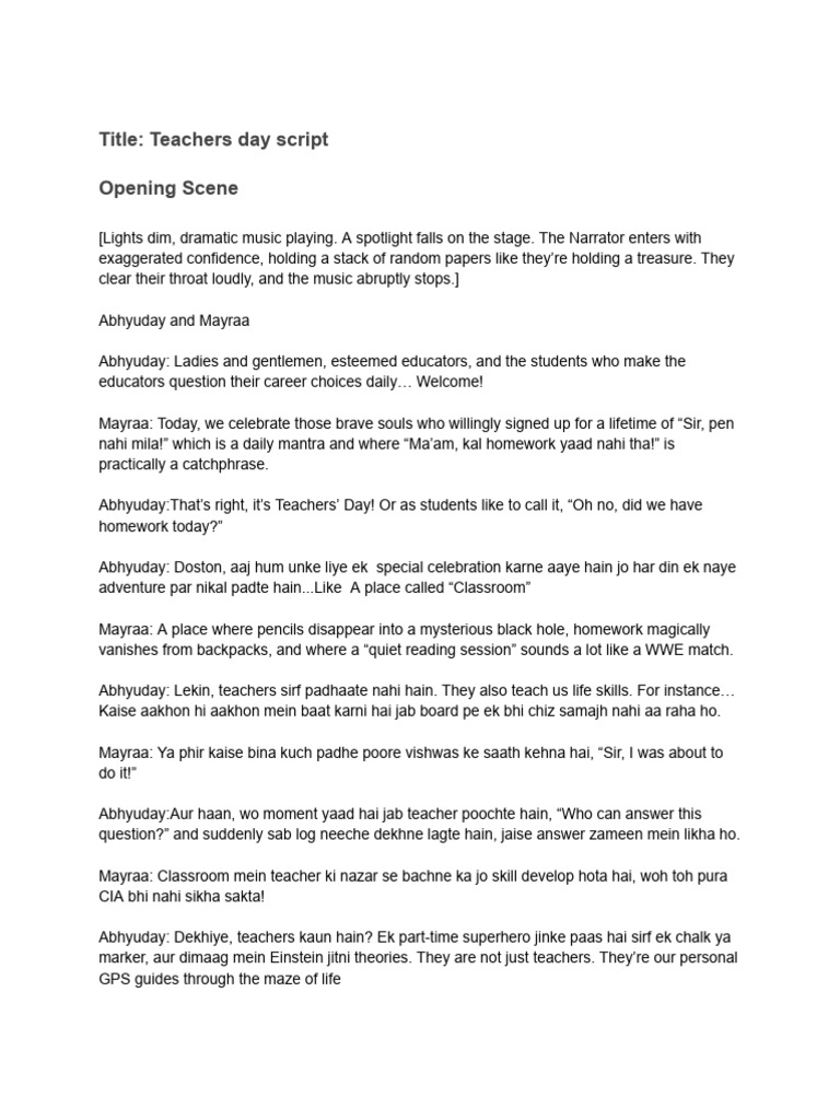 Script Teachers Day | PDF | Language Arts & Discipline | Self-Improvement