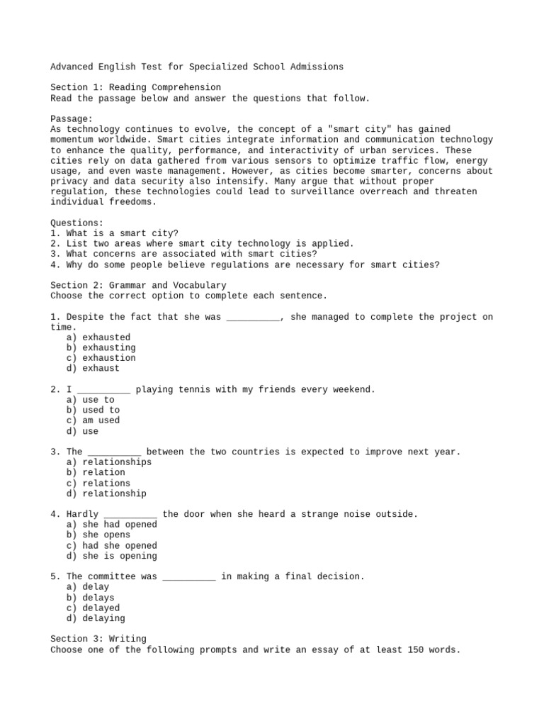 Advanced English Test For Specialized Exams | PDF | Artificial ...