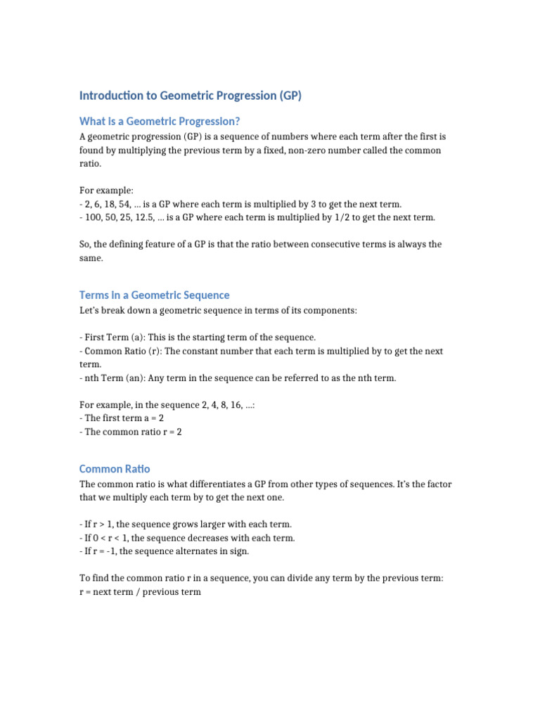 Introduction To Geometric Progression GP | PDF | Ratio | Mathematics