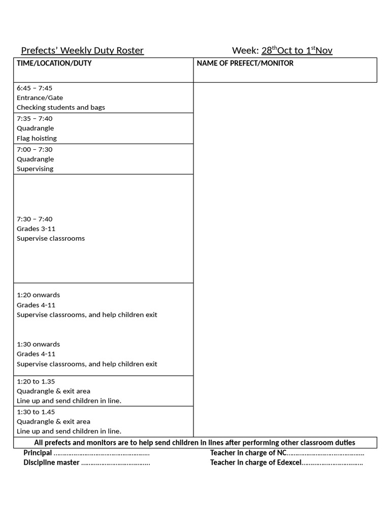 Prefects' Duty Roster Format V4 | PDF