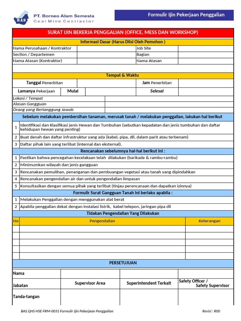 BAS - QHS-HSE-FRM-0031Formulir Ijin Pekerjaan Penggalian | PDF
