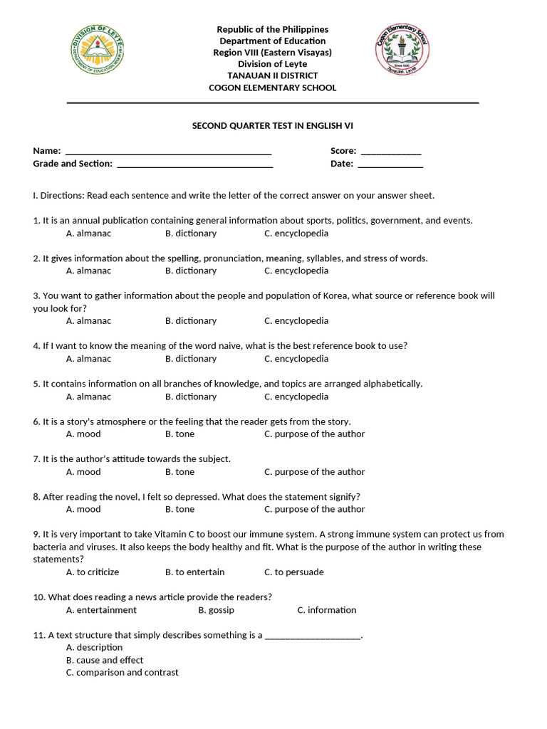 English VI Second Quarter Test | PDF | Encyclopedias | English Language