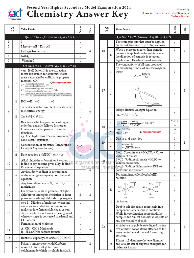 Act SY Chemistry Answer Key Model 2024 - Hssreporter - Com | PDF ...