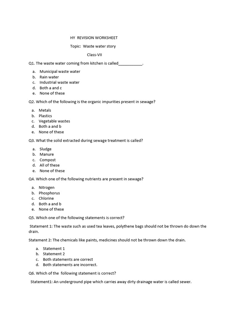 Wastewater Story Worksheet Class 7 | PDF | Science & Mathematics