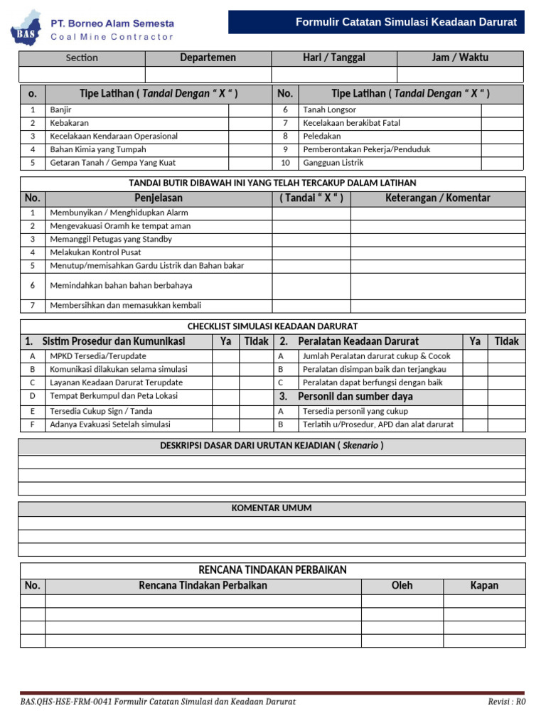 BAS.QHS-HSE-FRM-0041 Formulir Catatan Simulasi Keadaan Darurat | PDF
