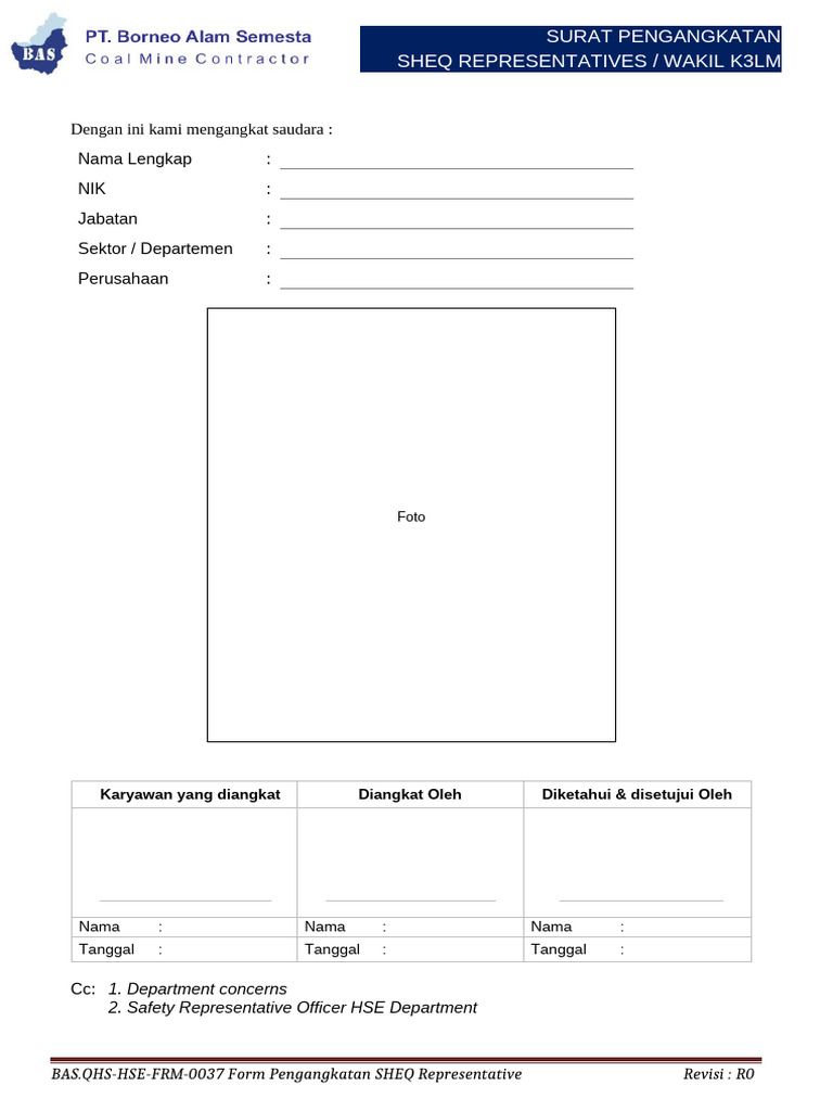 BAS - QHS-HSE-FRM-0037 Form Pengangkatan SHEQ Representative | PDF ...