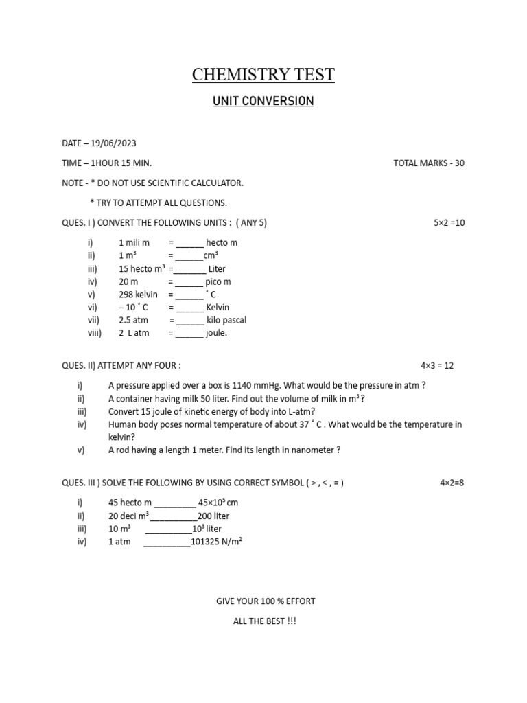 Chemistry Test Unit Conversion | PDF | Teaching Methods & Materials ...