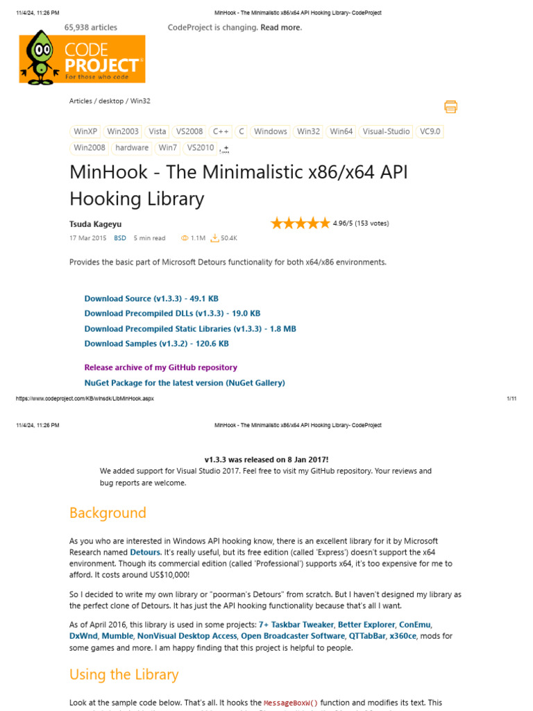 MinHook - The Minimalistic x86 - x64 API Hooking Library - CodeProject | PDF | Jmp (Statistical ...