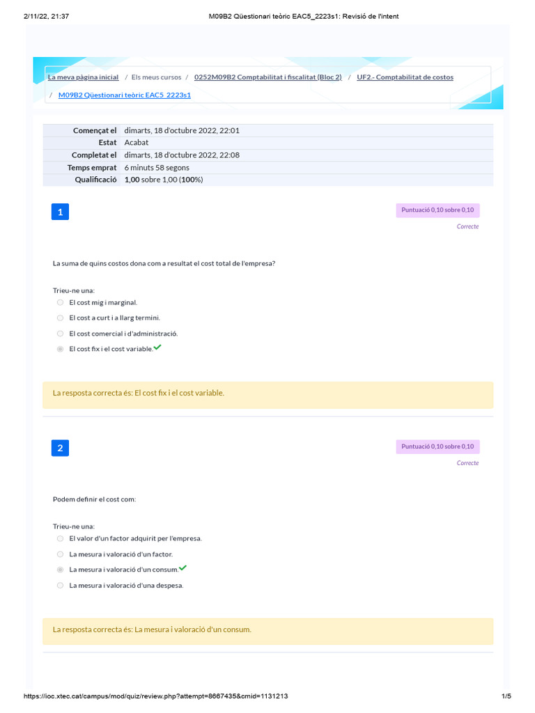 M09B2 Qüestionari Teòric EAC5 - 2223s1 - Revisió de L'intent | PDF