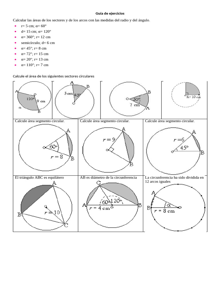 Guía de Ejercicios Sector y Segmento Circular | PDF | Métodos y materiales de enseñanza