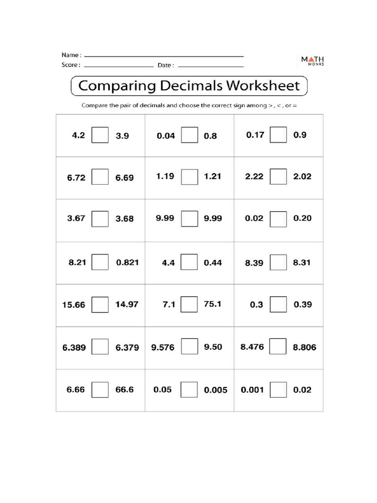 Comparing and Ordering Decimals | PDF