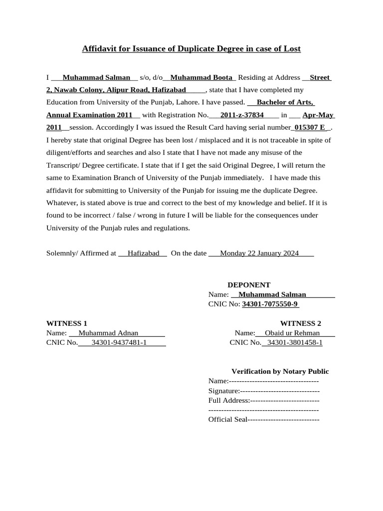Affidavit For Issuance Of Duplicate Degree In Case Of Lost Pdf Affidavit Government